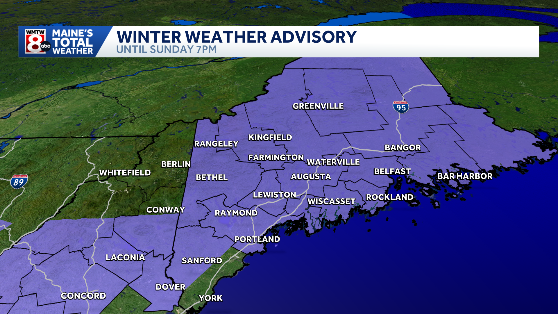 Winter weather advisory for most of Maine through Sunday evening