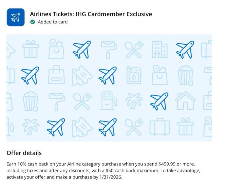 Chase offer for IHG cardholders: Get 10% back on a flight purchase ...