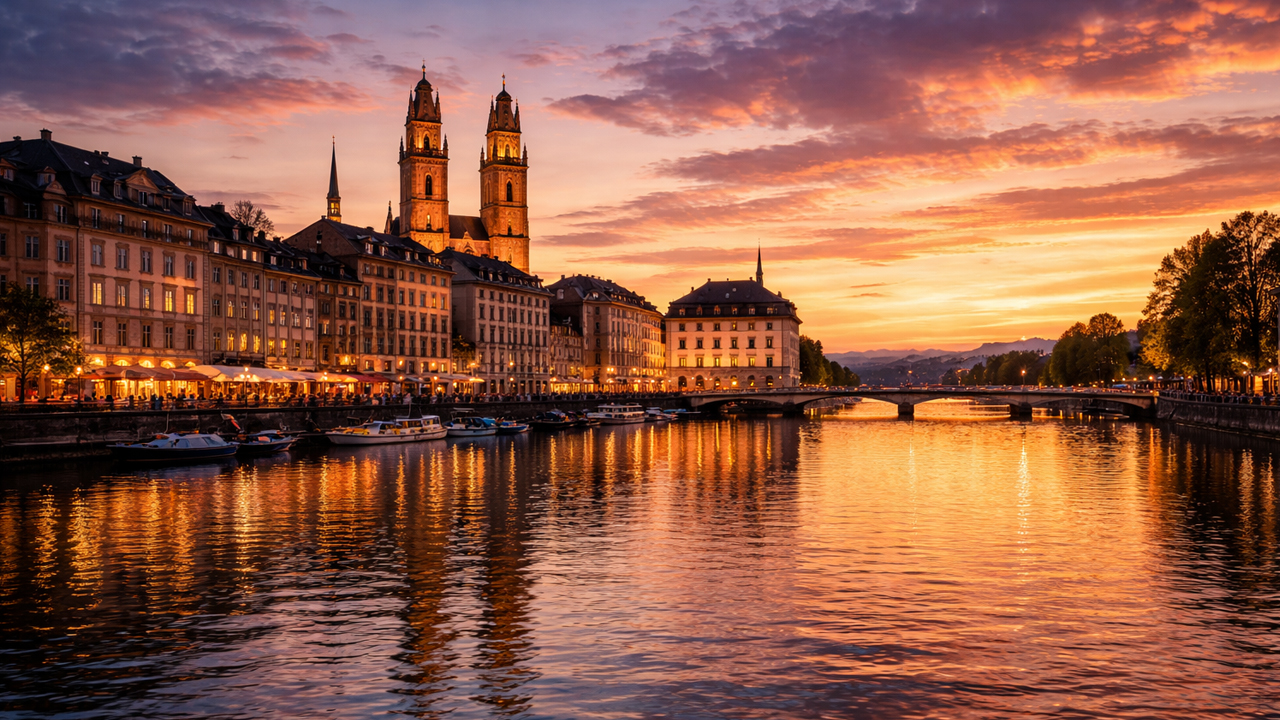 Evening walk along Zurich’s golden river