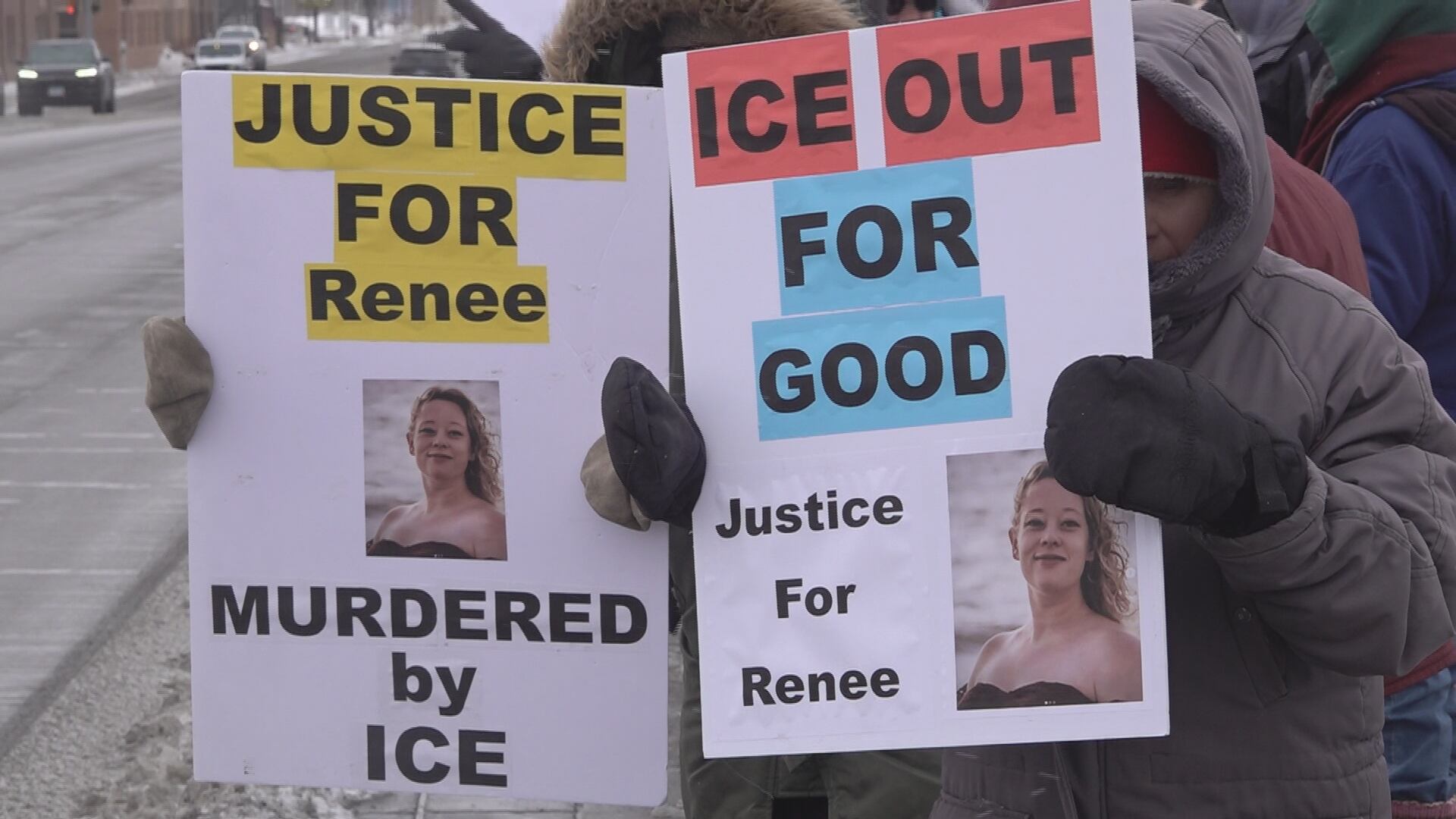 Protesters gather at Veterans Memorial Bridge following fatal ICE shooting