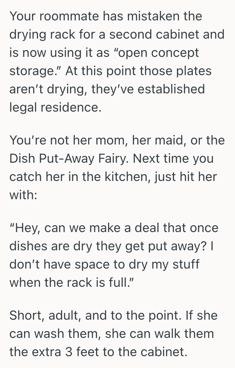 Roommate left clean dishes piled on the counter for days, so she ...