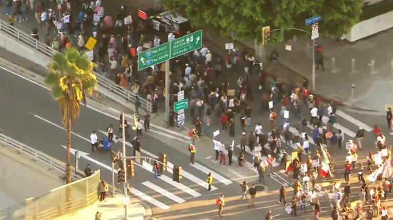 Live: Crowds protest federal immigration activity in downtown Los Angeles