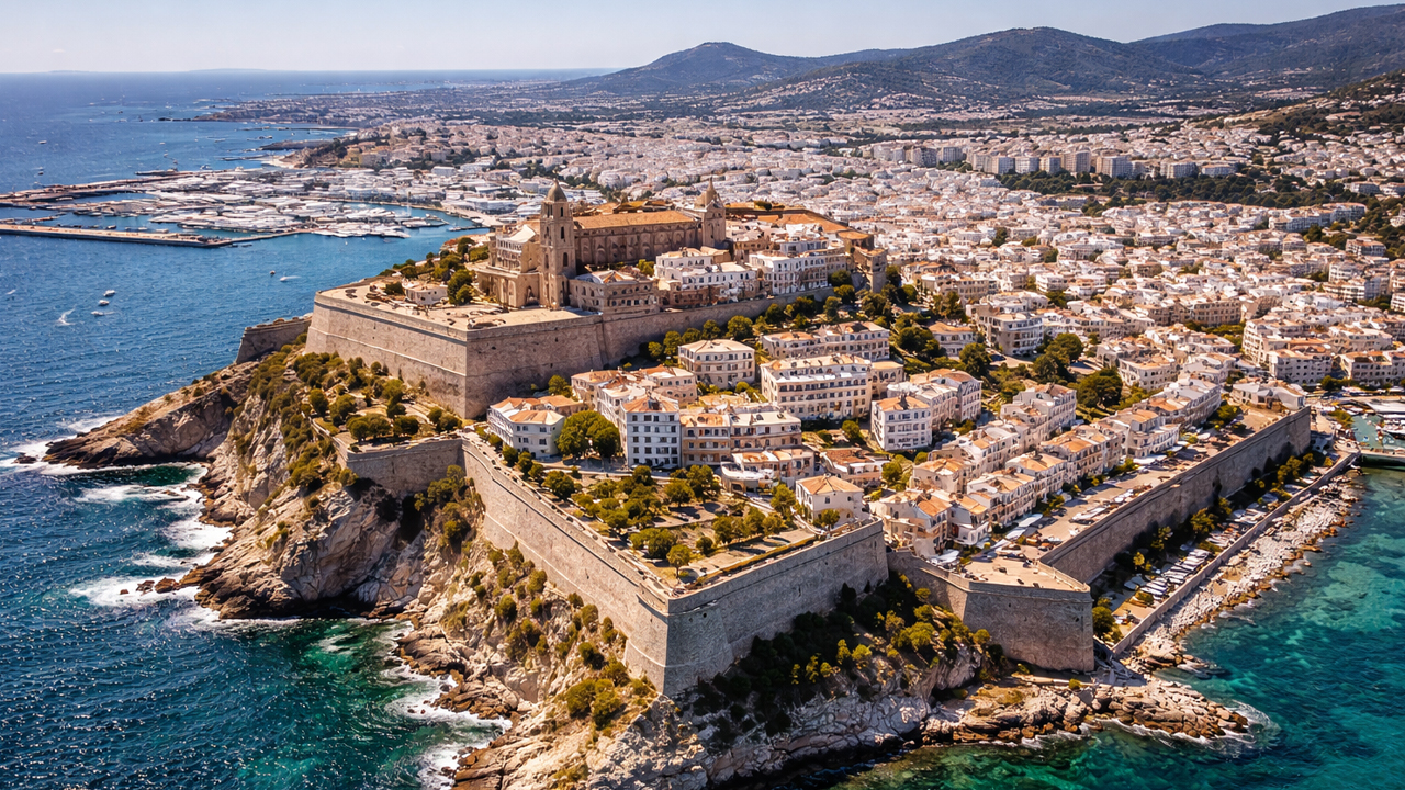 Vista aérea de Dalt Vila sobre el casco antiguo de Ibiza
