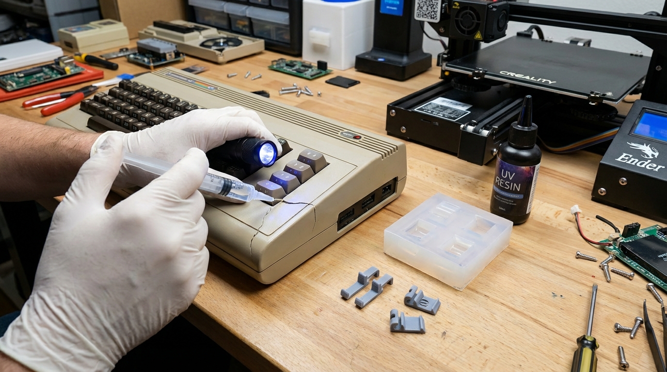 Restauro di computer vintage: riparare plastiche fragili con resina UV