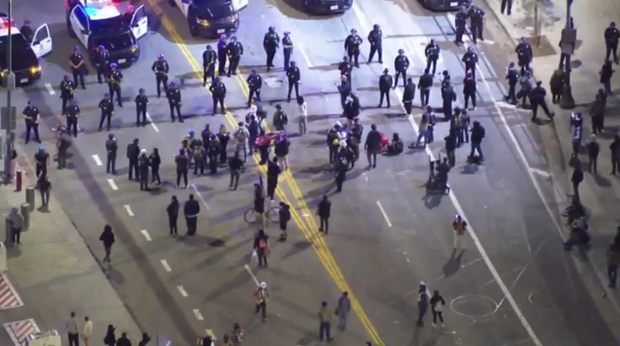 Thousands protest ICE with march through downtown Los Angeles