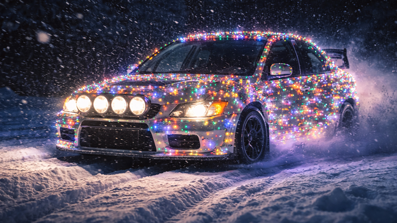 Christmas lights on Evo driving in snow