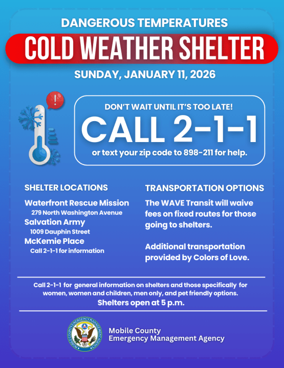 Cold weather shelters open ahead of chilly temps in Mobile County