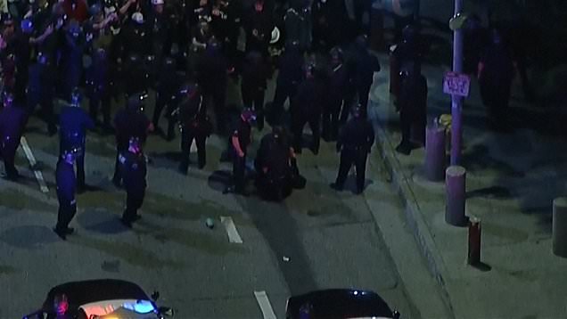 Police detain protester during rally against ICE in Los Angeles
