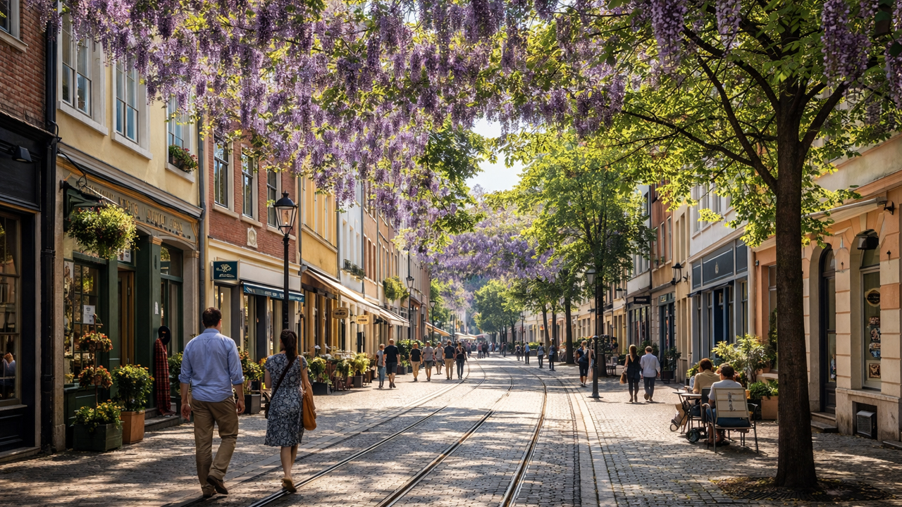 Walking through busy spring streets of Amsterdam