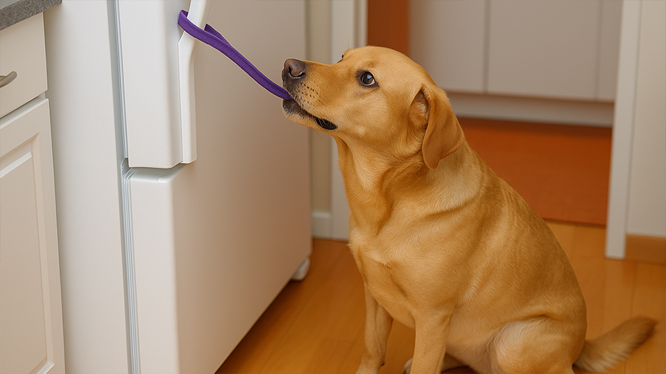 Dog waiting for a snack from the fridge