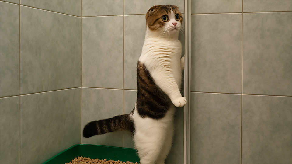 Cat looking suspiciously at the litter box