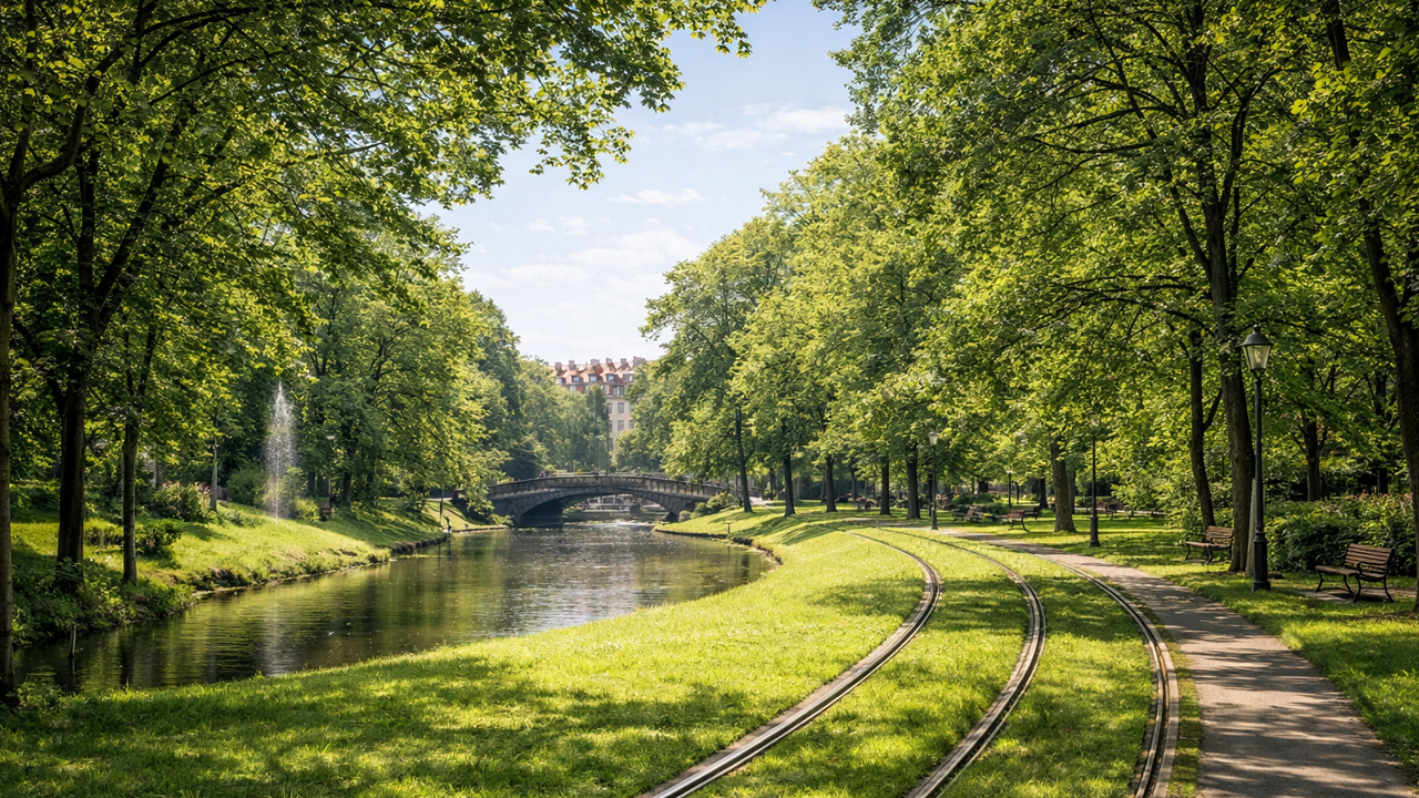 Stadspromenad i Rotterdam bland gröna gator