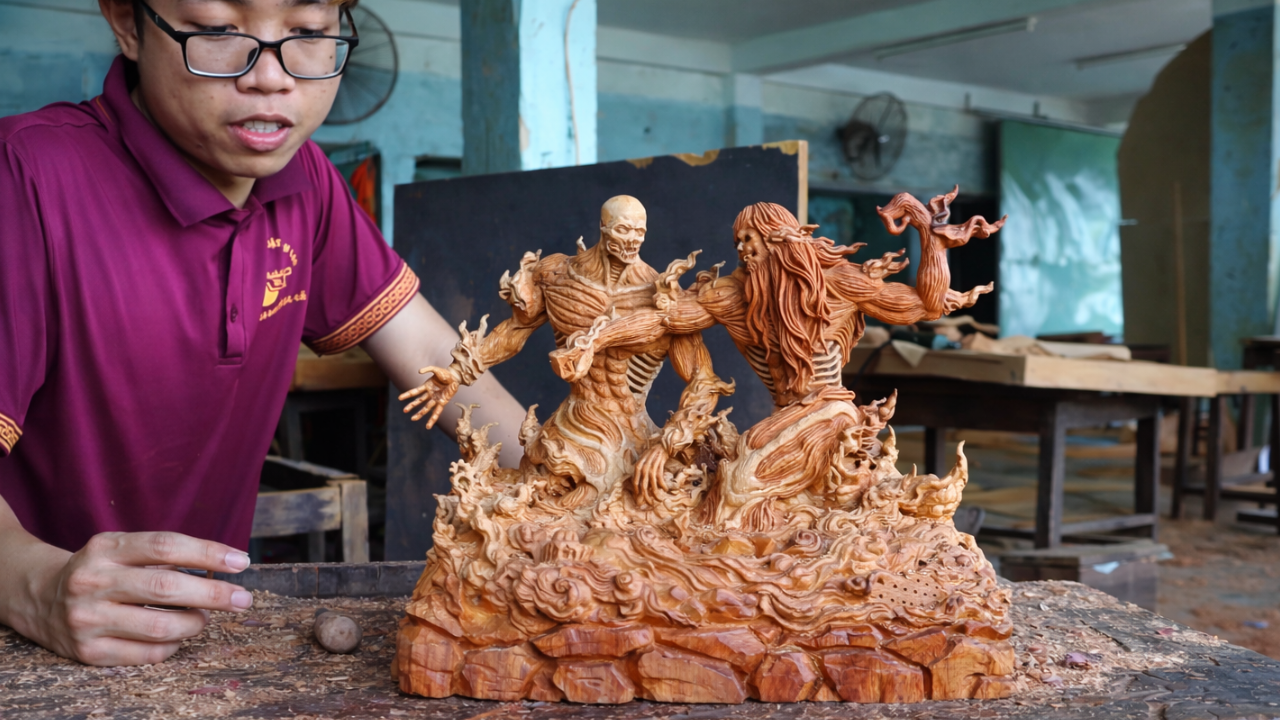 How is the Eren vs Armin titan scene carved?