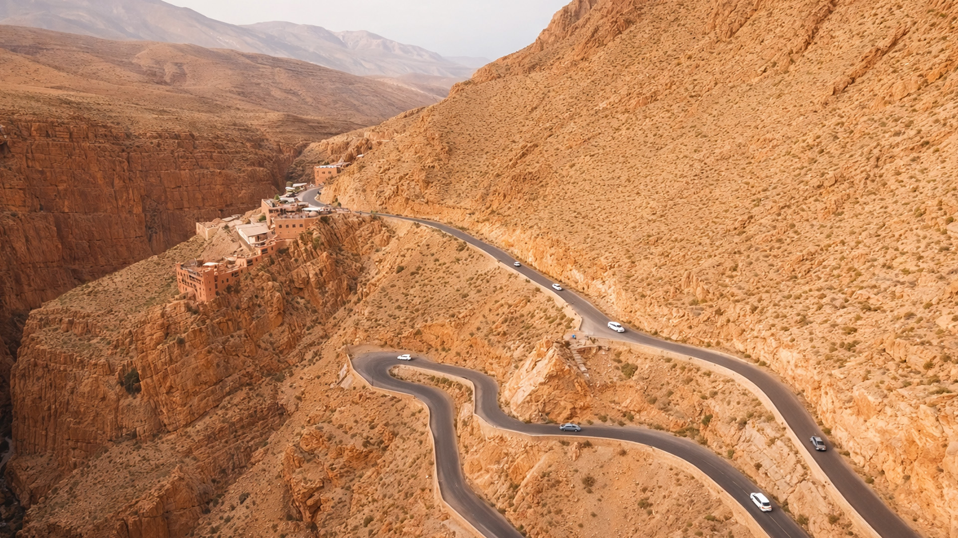 The road hangs on the cliff