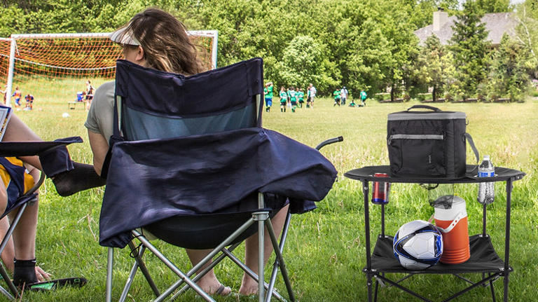 The camping folding table with cup holders you can find at Home Depot ...