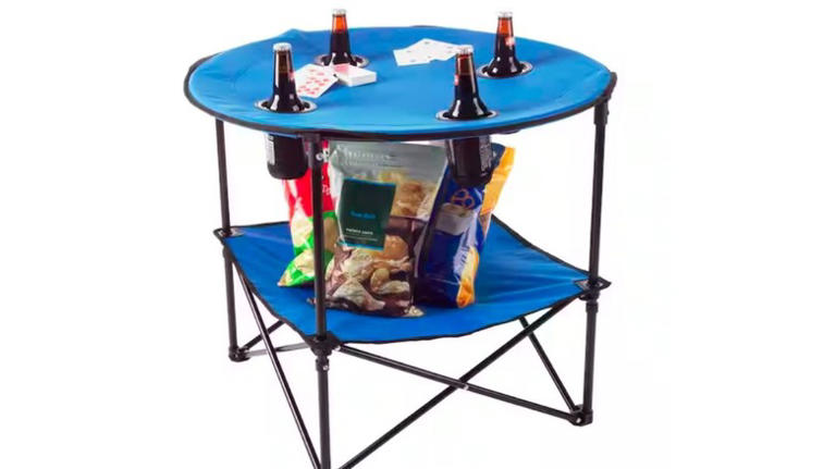 The camping folding table with cup holders you can find at Home Depot ...