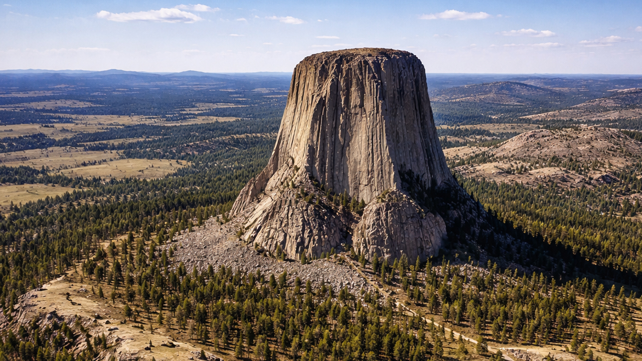 Devils Tower aerial view over Wyoming forest