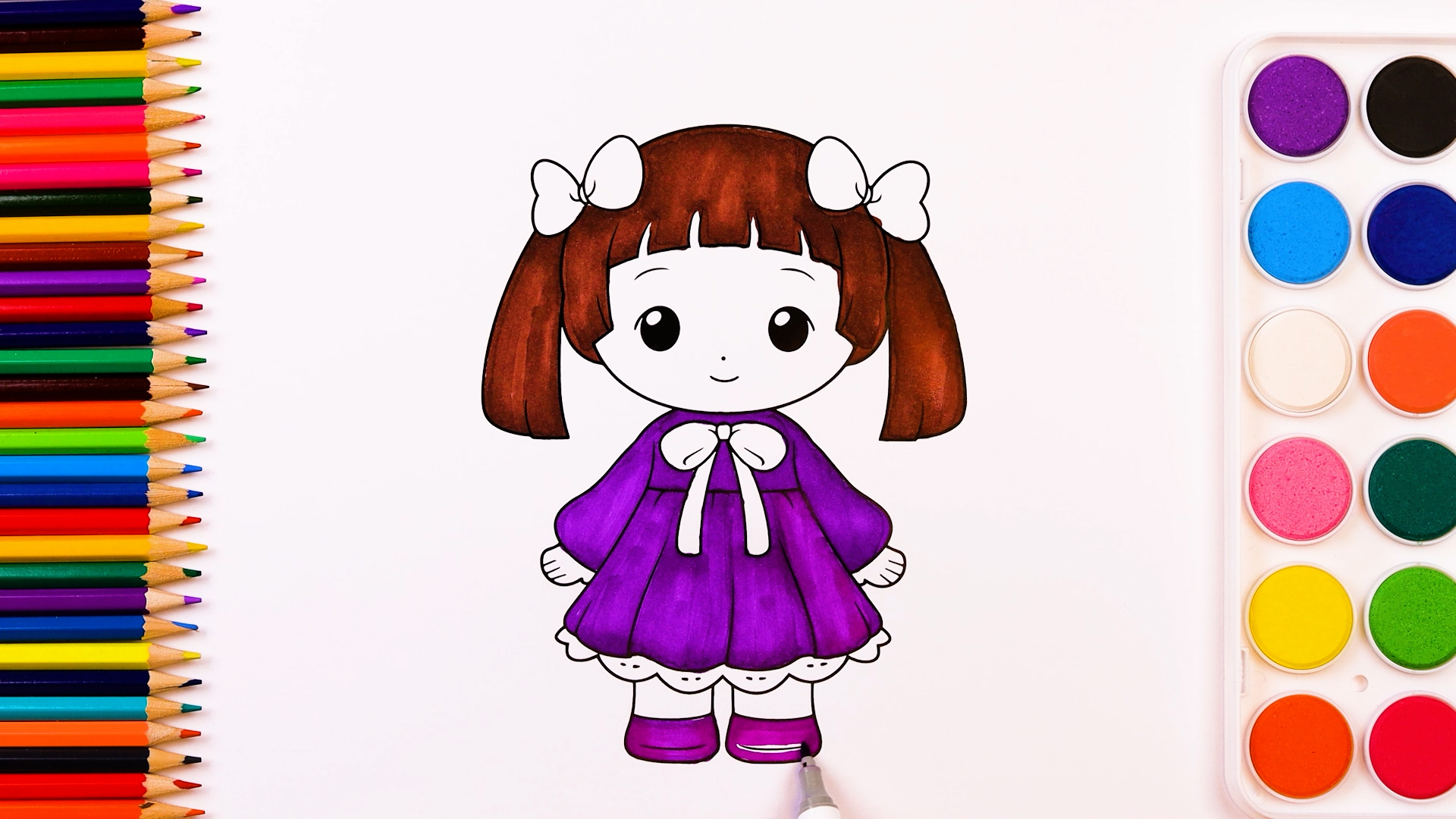 Girl with Hair Bows coloring in