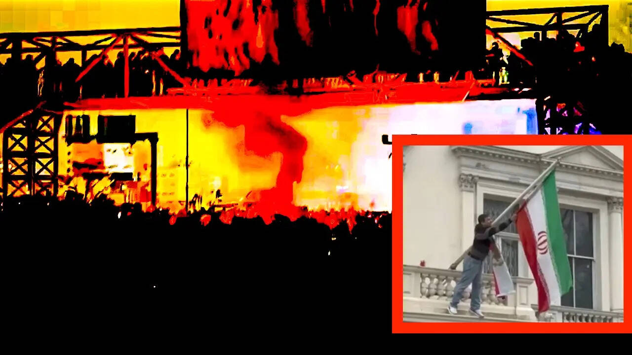 Anti-Khamenei protests in London - man climbs Iranian embassy, tears ...