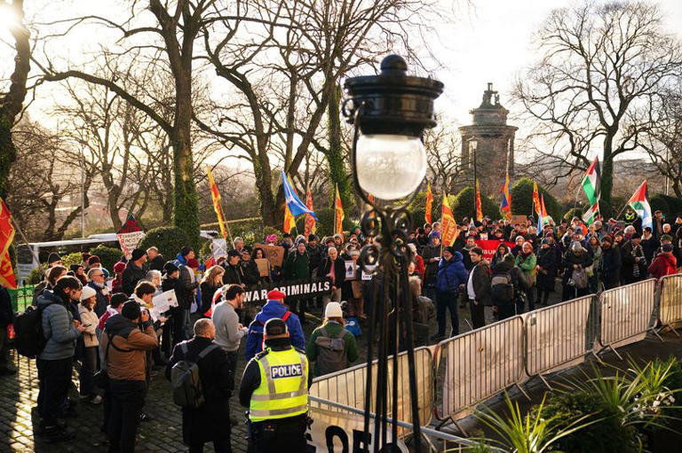 Protesters gathered in Edinburgh call on Donald Trump to release ...