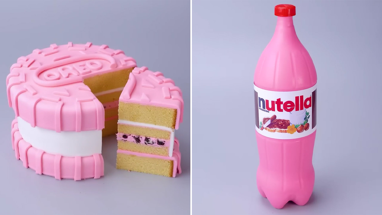 Pink Oreo cake and Nutella bottle cake