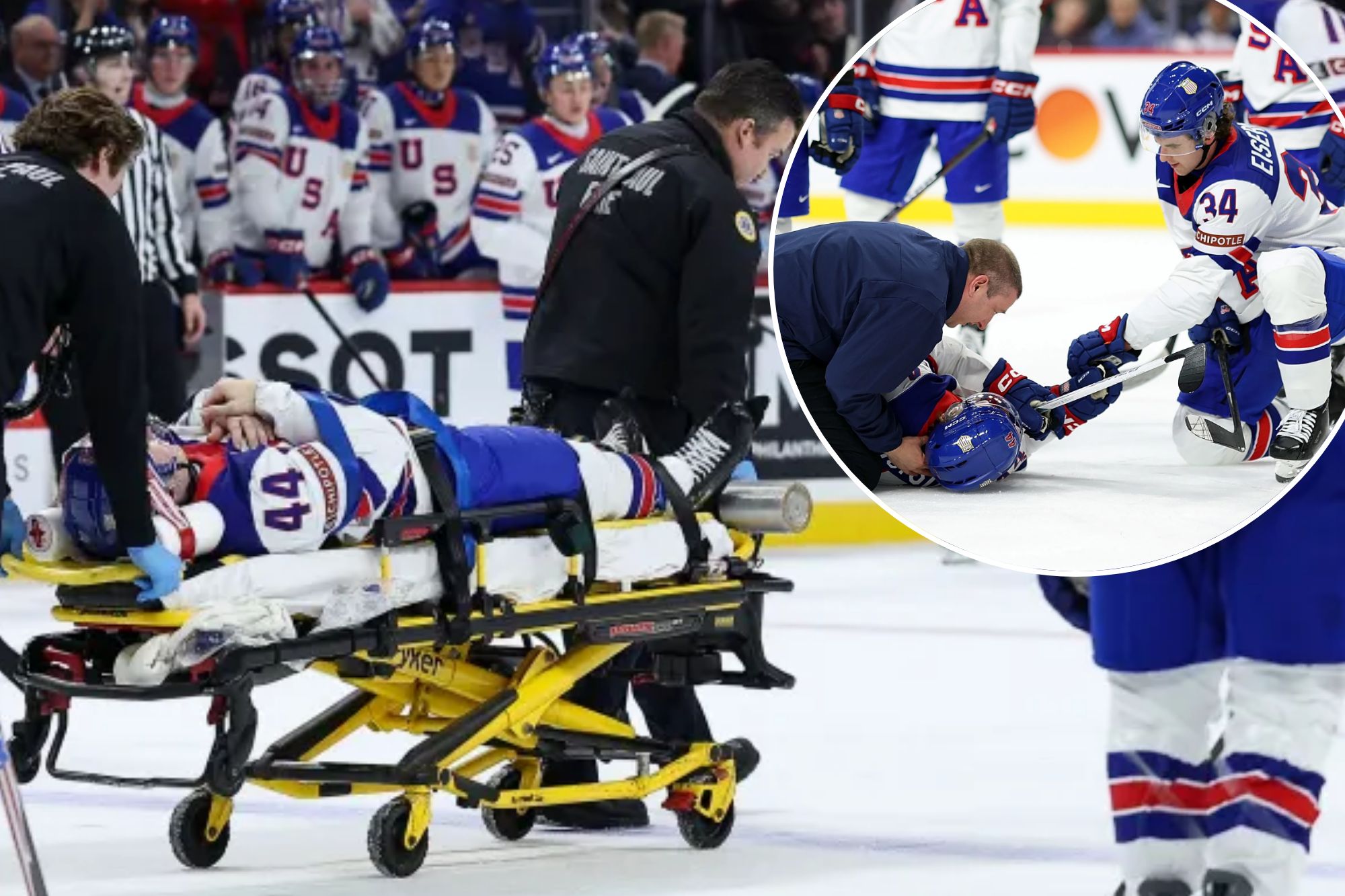 USA’s Cole Hutson stretchered off ice, taken to hospital after getting ...