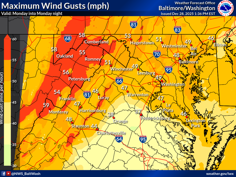 CWG live: Milder tonight. Wind advisory Monday; warm early then cold ...