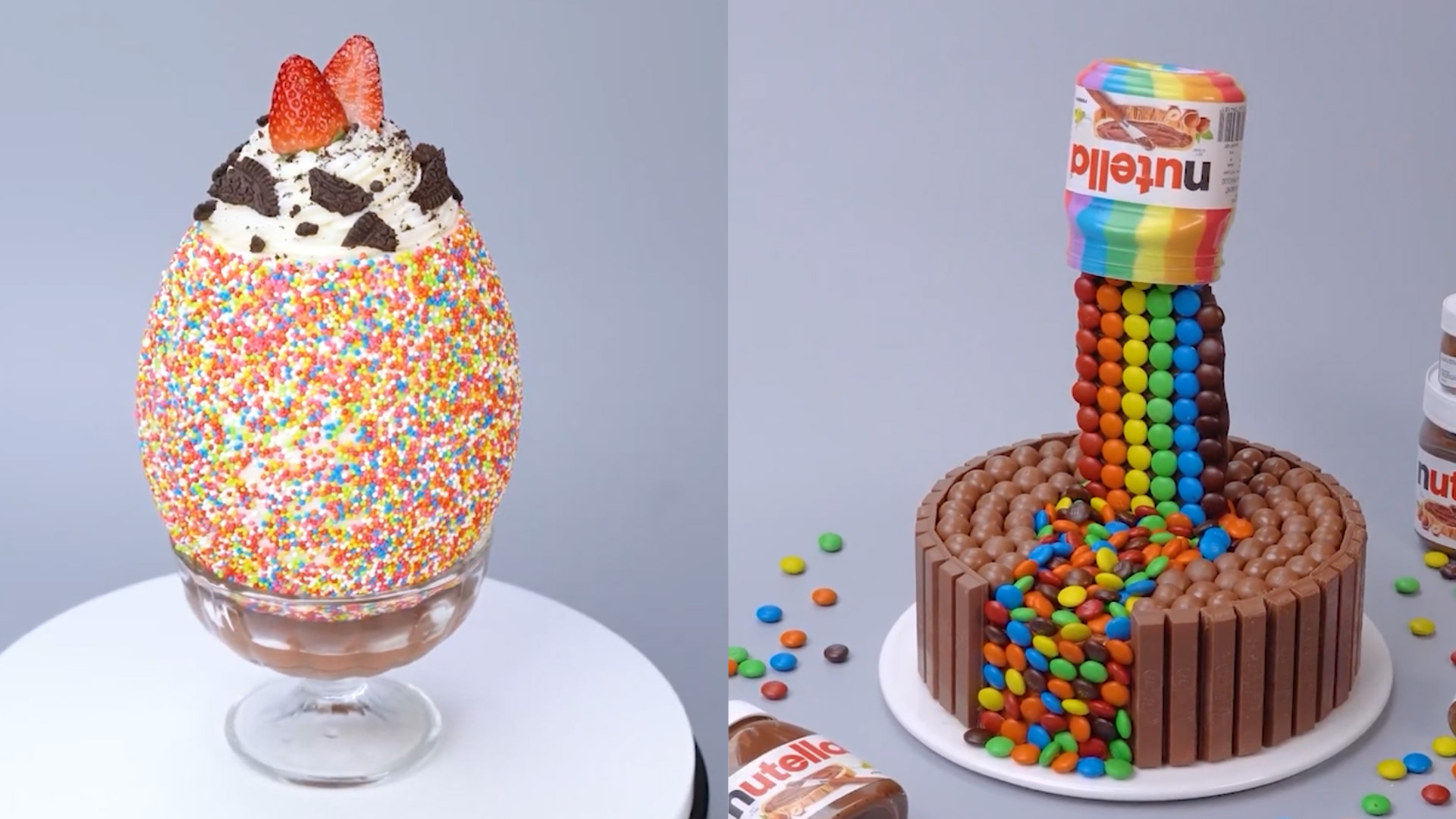 Candy filled chocolate desserts side by side