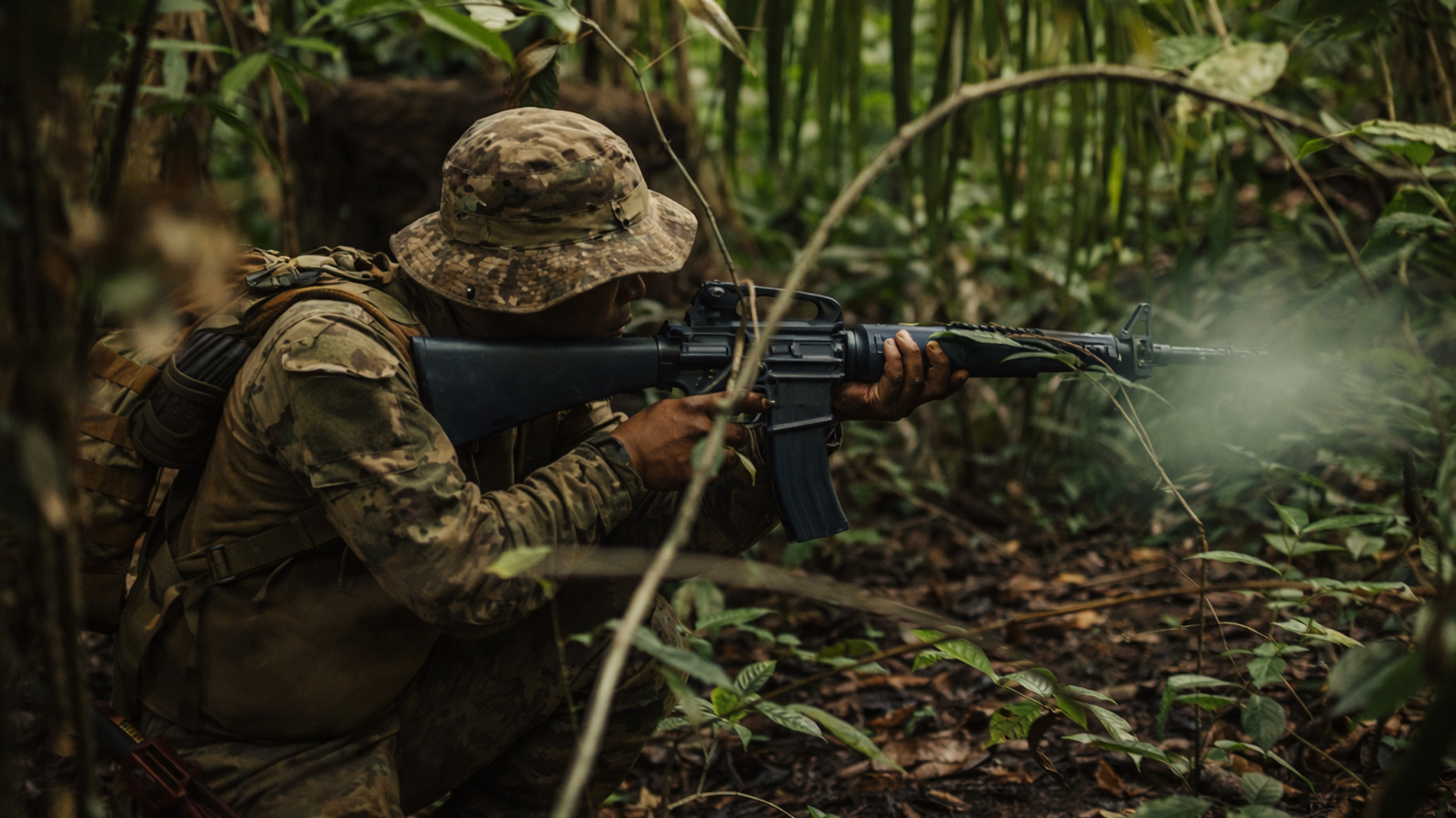 Soldiers conduct assault drills in jungle warfare course