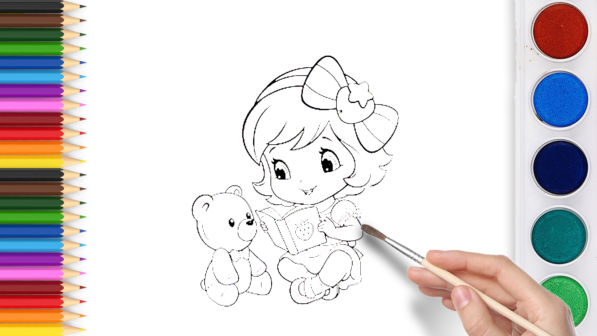 Coloring a drawing of a girl and her teddy
