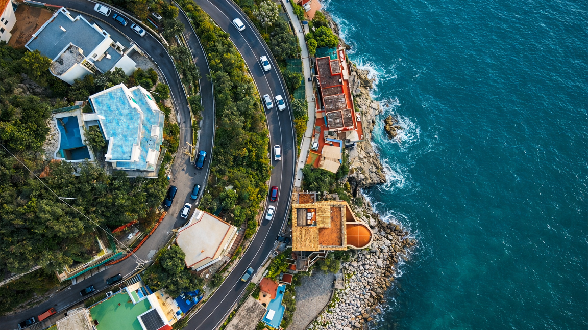 Seaside villas and scenic curved road