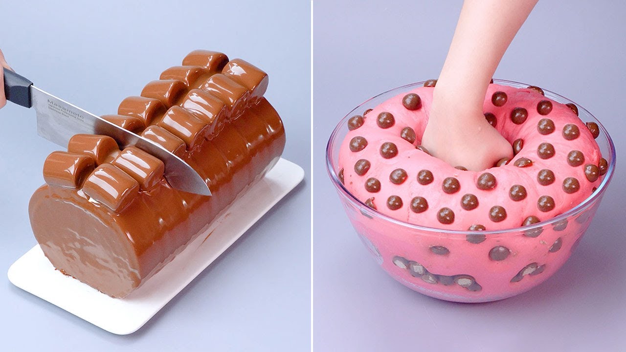 Chocolate glazed loaf cake and pink dessert bowl