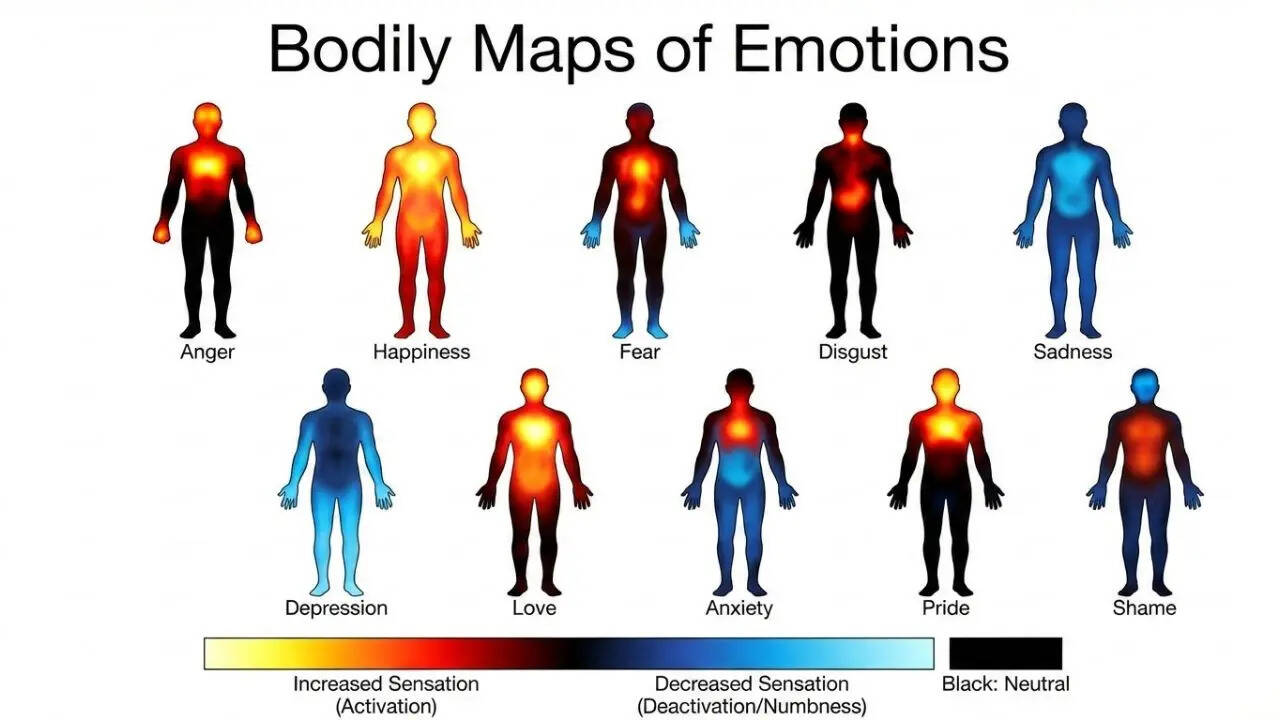 Emotional body chart: Where emotional feelings like anxiety, joy, and ...