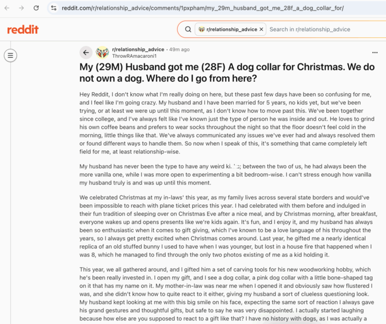 Her husband gifted her a dog collar for Christmas in front of his ...