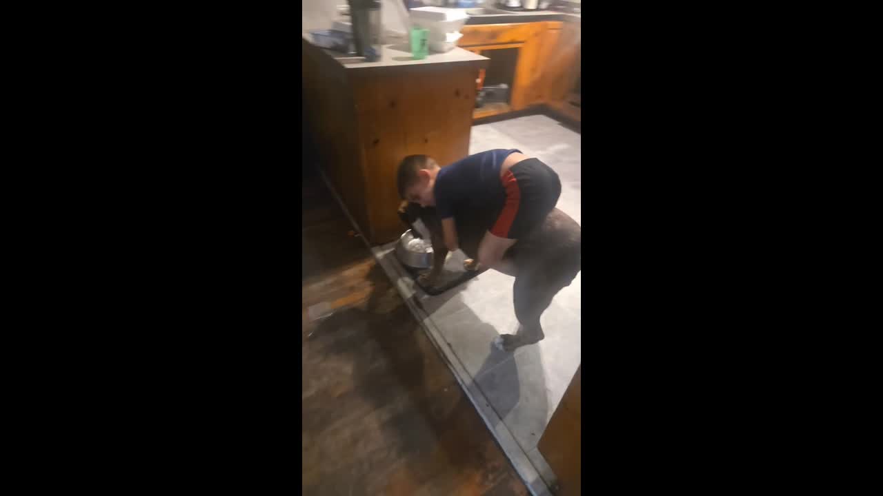 Toddler hugs dog while drinking water in Florida, USA