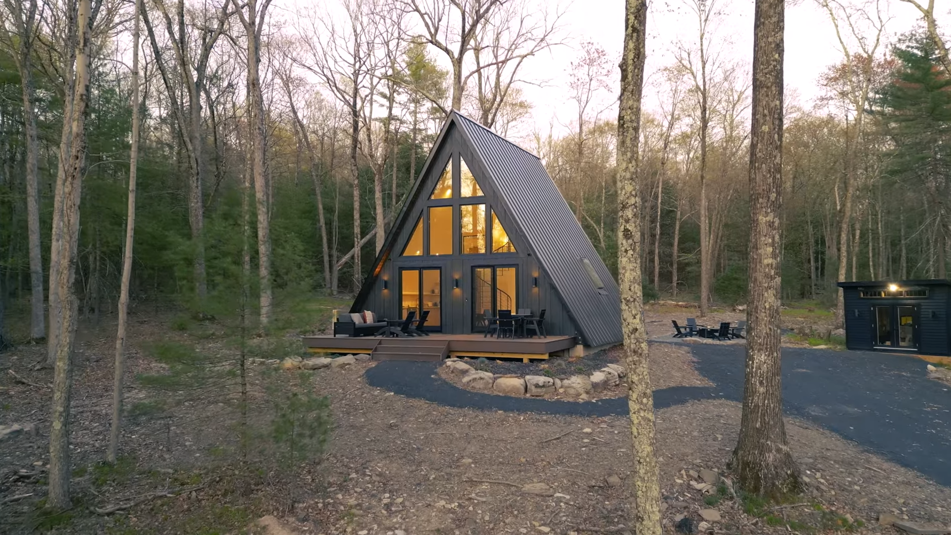 Inside a minimalist A-frame cabin