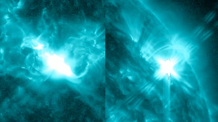 Two earth-facing sunspots blasting powerful X and M flares