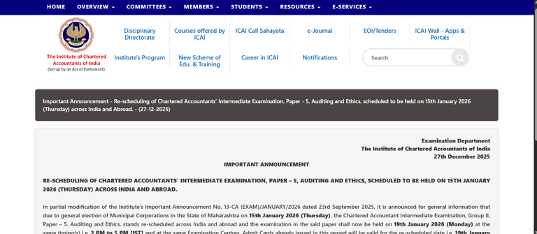 ICAI reschedules CA intermediate exam paper 5 for 2026: Check revised ...