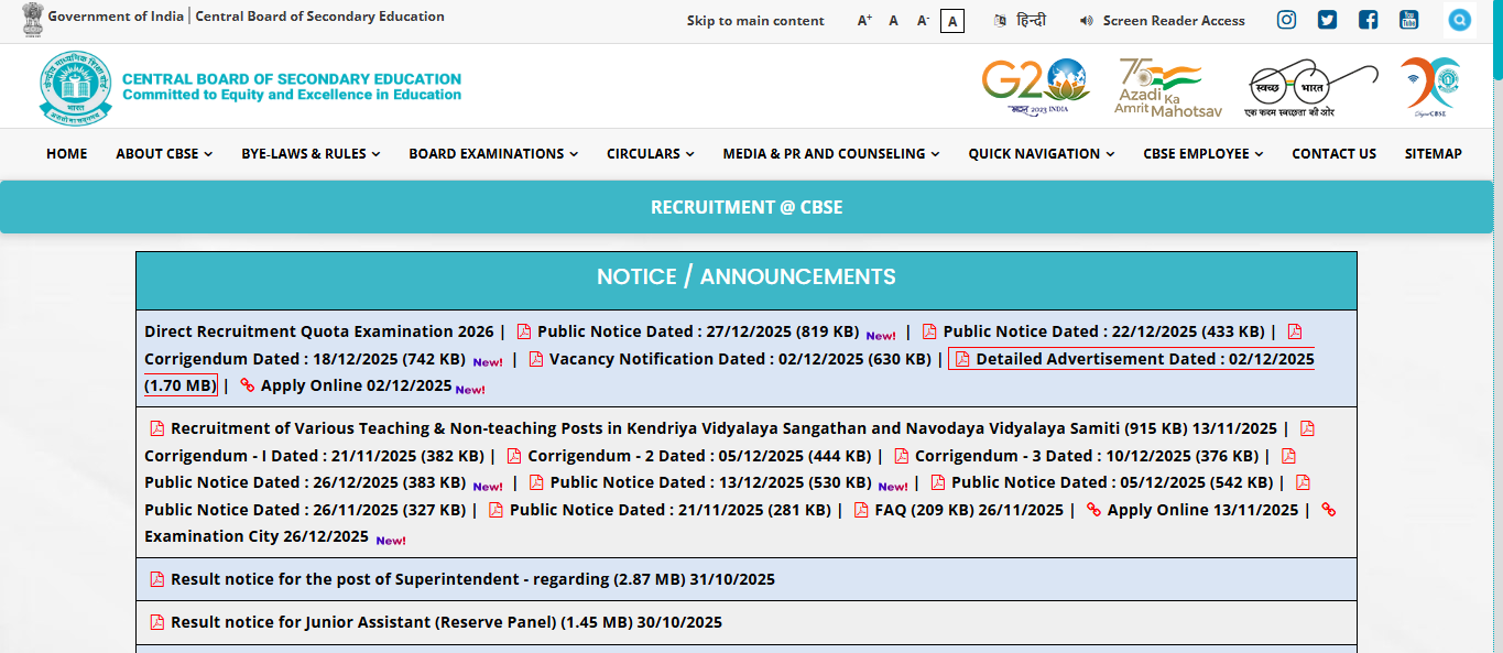 CBSE direct recruitment quota exam 2026: Application correction window ...