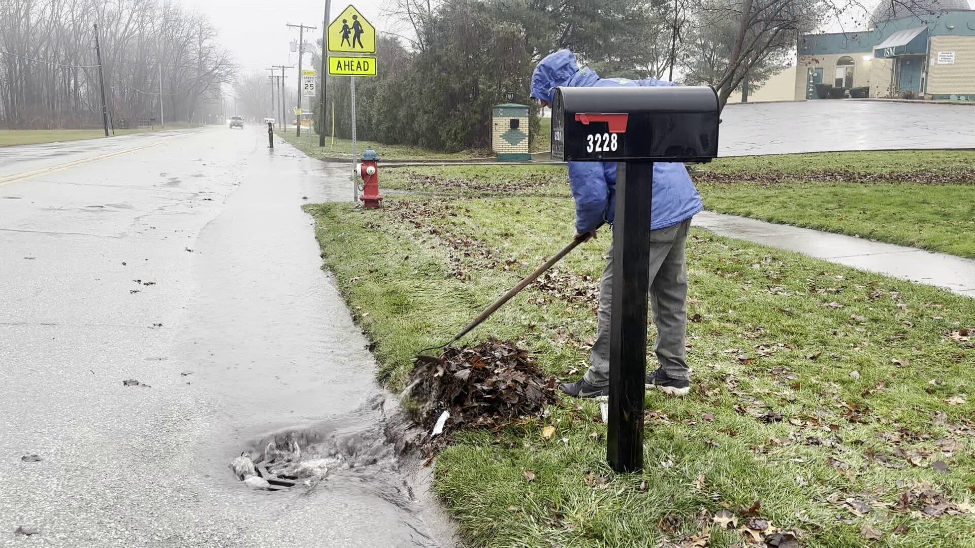 Leaves clog drains causing flooding in Granger