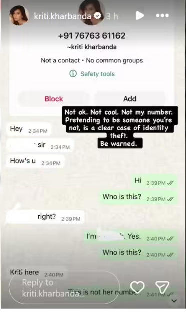 Kriti Kharbanda warns fans about WhatsApp scamster posing as her