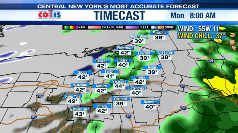 Wet and mild to start Monday, then turning wintry