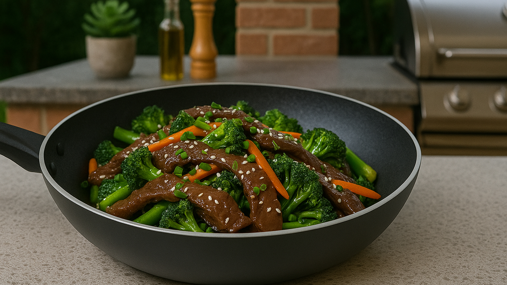 Beef with broccoli cooked in a savory sauce