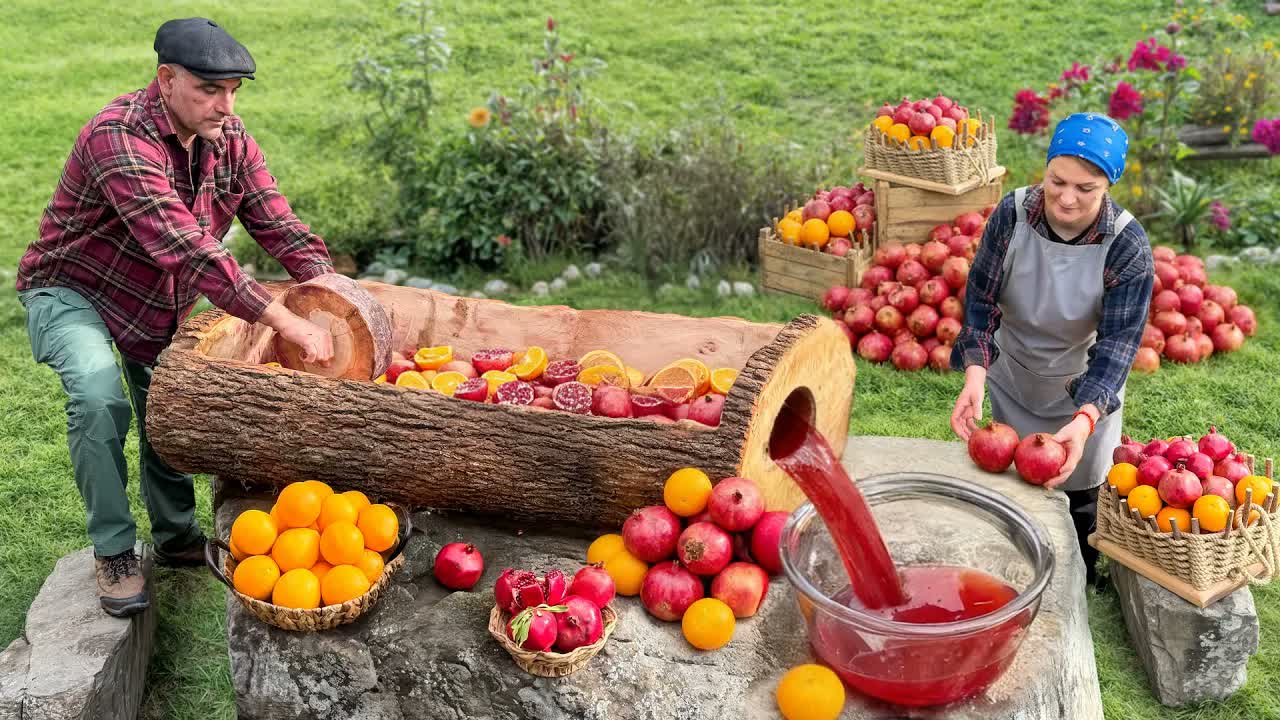 Old world pomegranate juice made with a giant wooden press