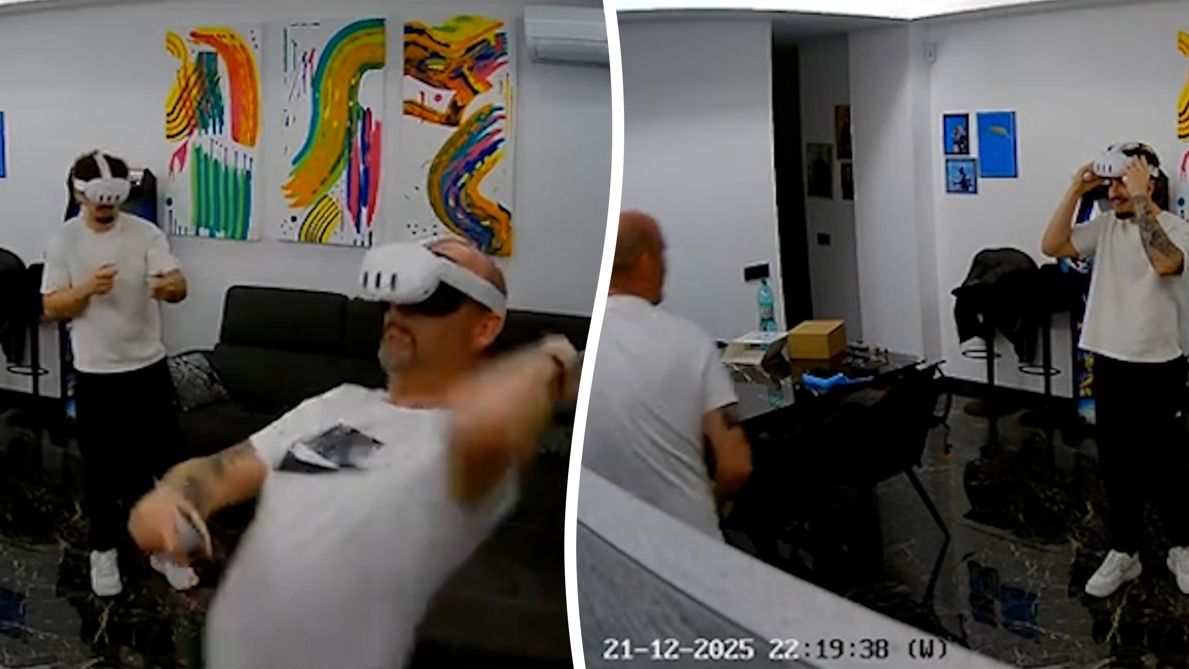 Dad ends up on the floor while trying to escape in VR game
