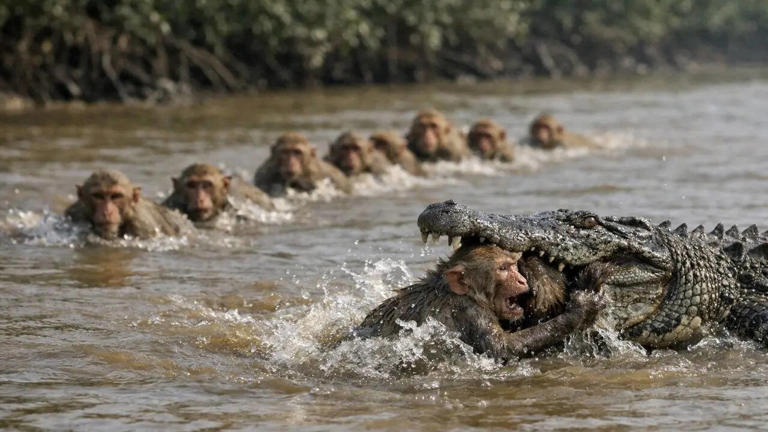 Monkeys swim towards crocodile to rescue their friend in Odisha, but ...