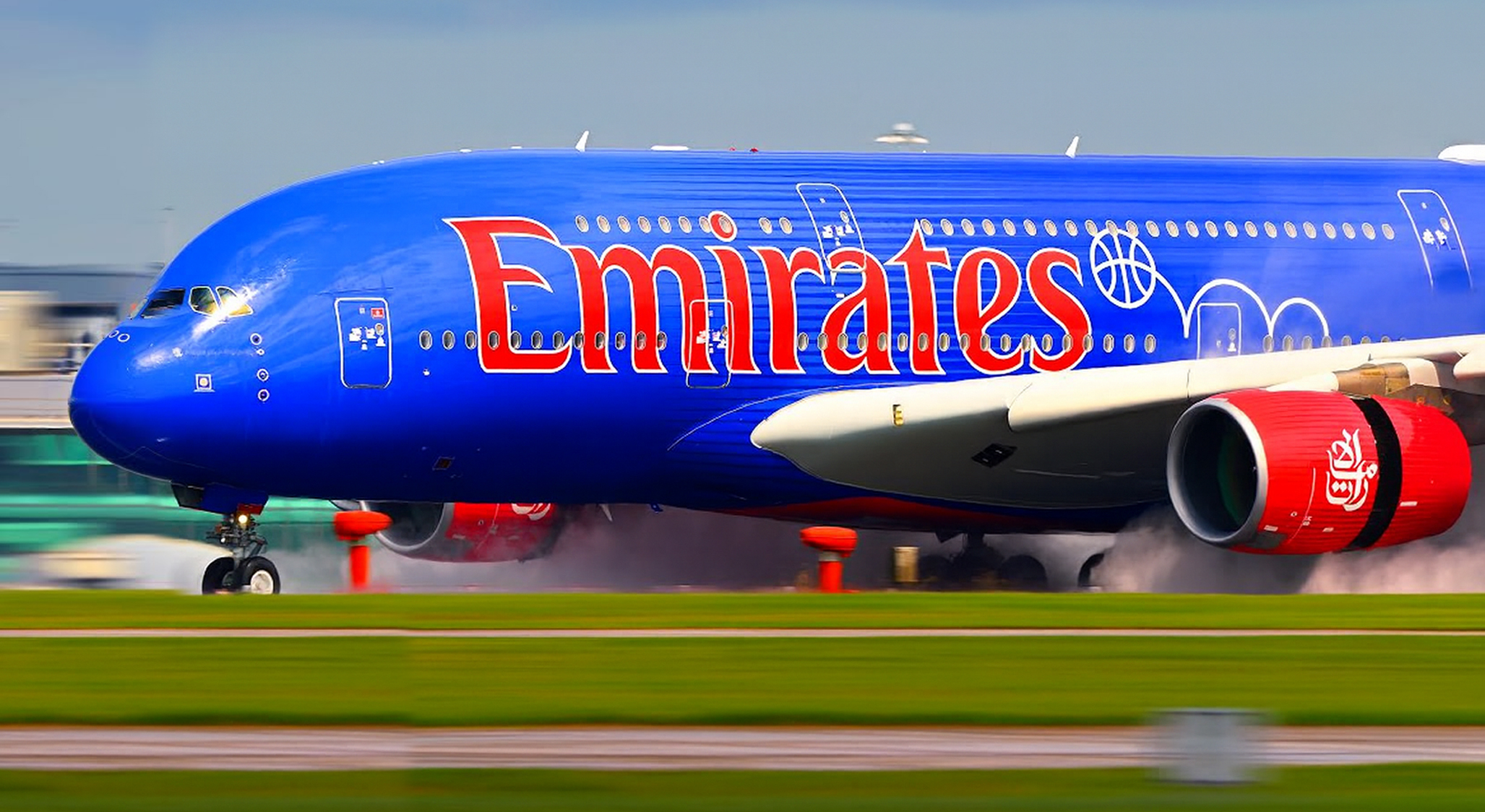 Emirates Airbus A380 with special NBA design takes off