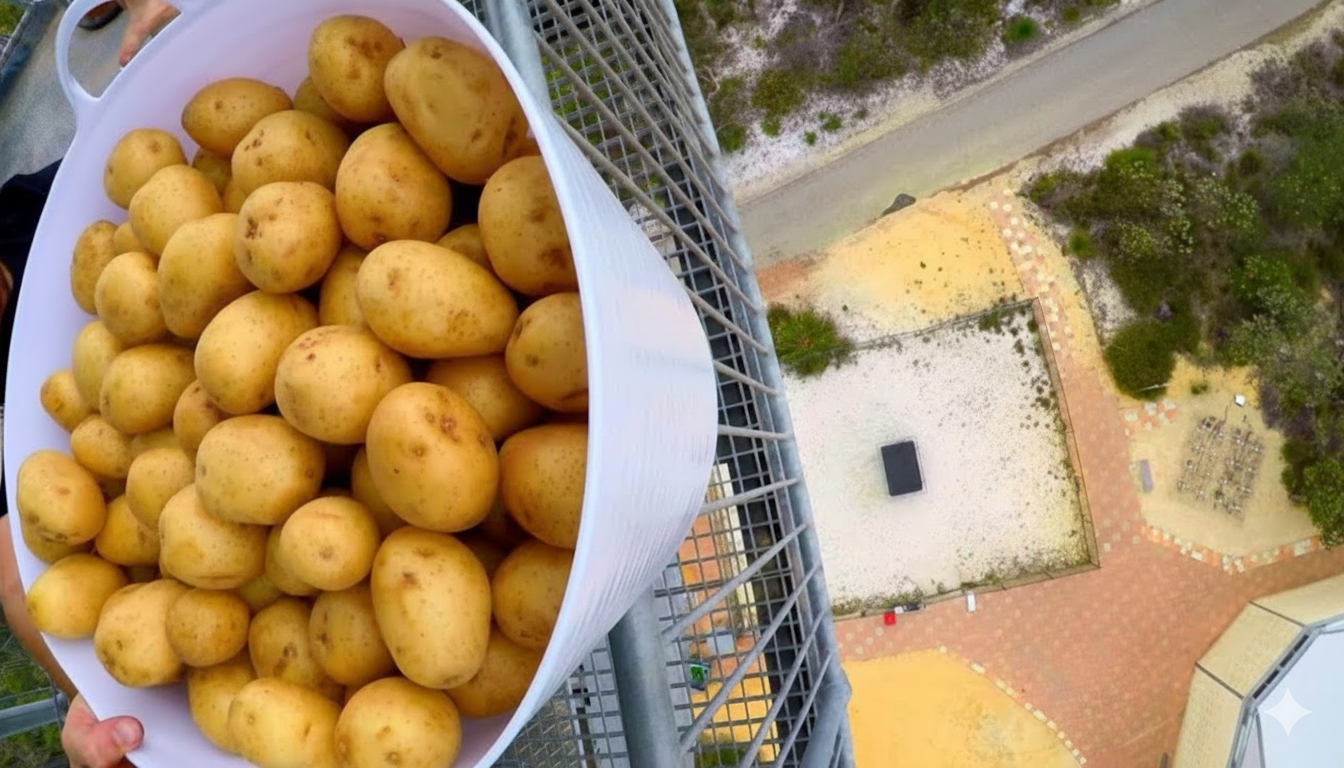 What happens when 200 potatoes hit a trampoline from 148 feet