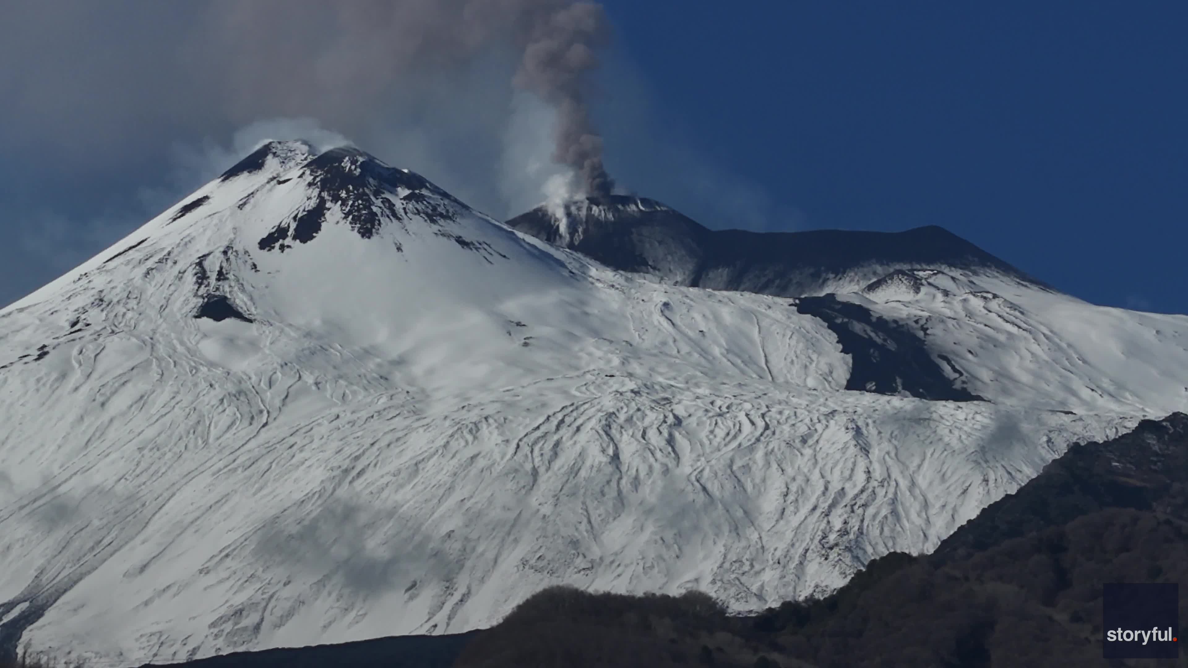 Etna erupts from multiple snow-covered craters to create wintry spectacle