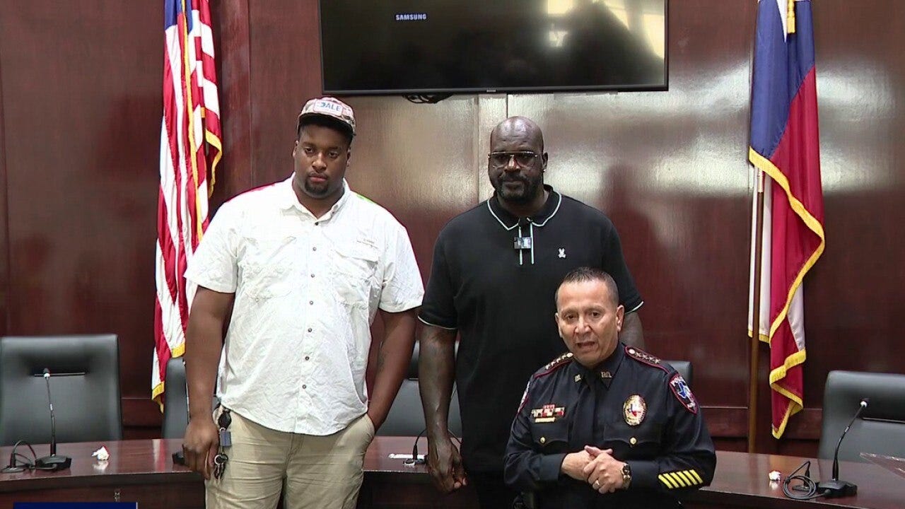 Shaquille O'Neal helping out Kemah Police Department's 7'3" tall cadet